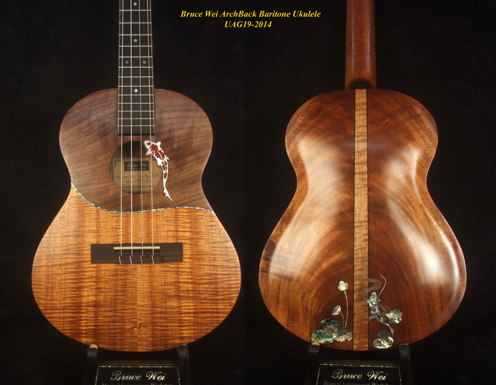 Bruce Wei Curly Hawaiian Koa, Acacia ArchBack Baritone Ukulele, Koi ...